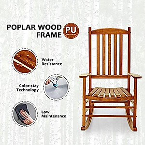 Hupmad Wooden Rocking Chair Rocker Outdoor Oversized Porch Rocker Chair,Patio Wooden Rocker with High Back and Armrest,All Weather Rocker Slatted for Backyard,Garden,400 lbs Support,Natural