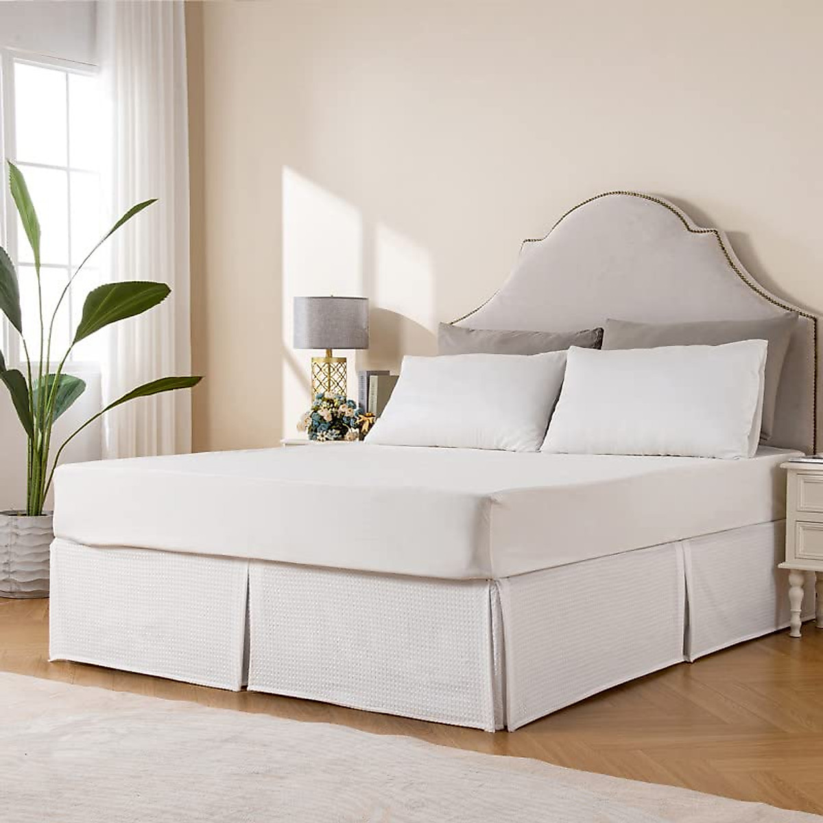 MIYE Pleated Waffle Weave Bed Skirt, Tailored Dust Ruffle 14 Inch Drop Easy Fit, Machine Washable (White, Queen - 14" Drop)