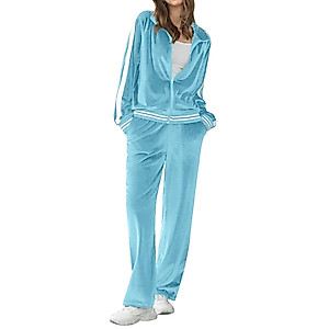 Ekouaer Women's Velvet Velor Tracksuits 2 Piece Lounge Outfits Zip Up Sweatshirt and Sweatpants with Pockets S-3XL(Light blue,Large)