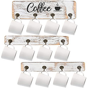 LotFancy Coffee Mug Holder, Rustic Wall Mounted Mug Rack with 12 Cup Hangers, Farmhouse Wood Cup Organizer for Home, Office, Kitchen Display Storage Collection, White Coffee Nook Décor
