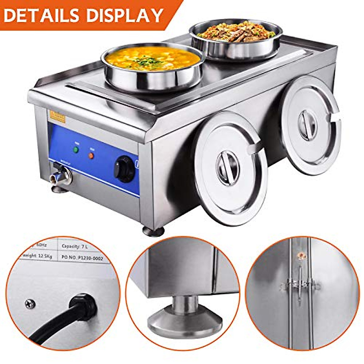 1200W Commercial Food Warmer with Dual 7L Pots Stainless Steel Countertop Steam Table Soup Restaurant Buffet，Easy Cleaning and Simple Maintenance