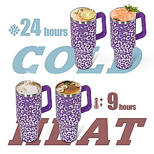 sweet grain 40 oz Tumbler with Handle and Straw, Stainless Steel Purple Leopard Print Tumbler with Handle, Double Vacuum Leopard Cup, Keeps Drinks Cold Up to 24 Hours