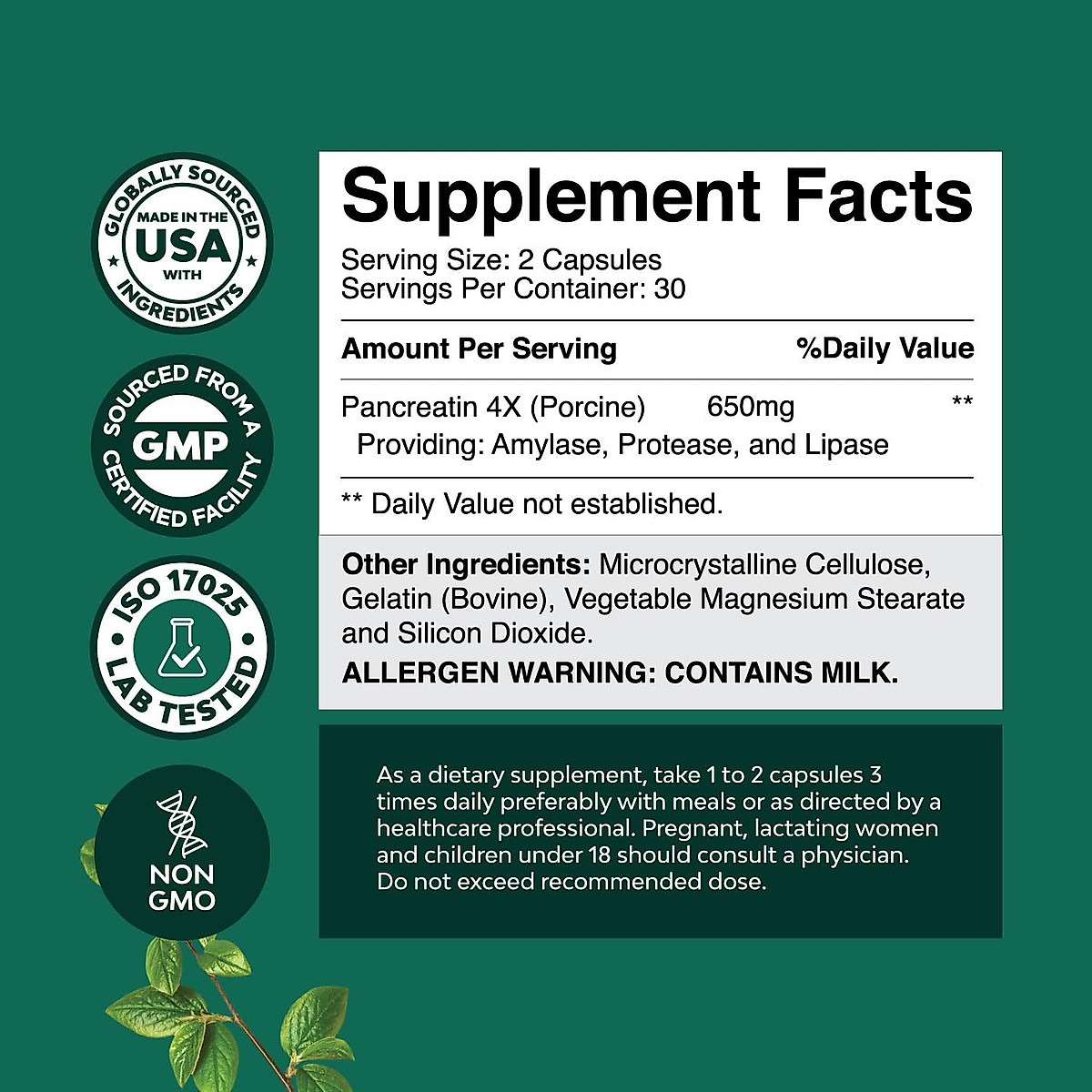 Pancreatin Digestive Enzymes for Digestive Health - Pancreatic Enzymes for Humans with Fat Carb and Protein Digestive Enzymes for Women and Men - Protease Amylase & Lipase Enzymes for Digestion - 60ct