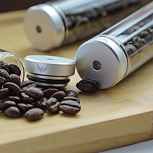 KNODOS Single Dose Coffee Bean Storage Tubes 12 pcs Glass Espresso Dosing Vials with One-Way Exhaust Valve Lids, Walnut Stand & Stainless Steel Funnel Coffee Bean Cellar