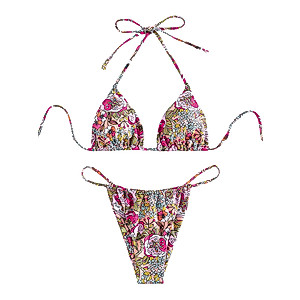 WDIRARA Women's 2 Piece Set Floral Print Tie Backless Swimwear Halter Bikini Swimsuit Floral Pink L