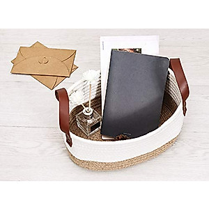 ZFRXZ Small Cotton Rope Basket with Handles, Oval Woven Basket Diaper Caddy, Storage Bins Toy Organizer, Baby Basket (White-Jute, 12"×8"×5")