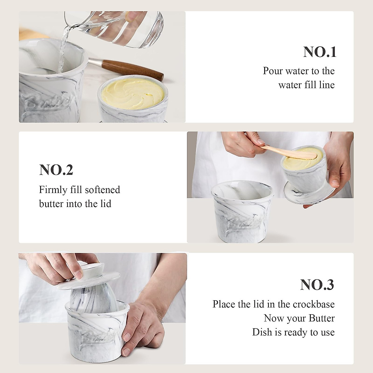 MSJGA Butter Crock for Counter with Water, French Butter Keeper for Spreadable Butter Marble Ceramic Butter Dish with Lid for Countertop, Butter Container Holder