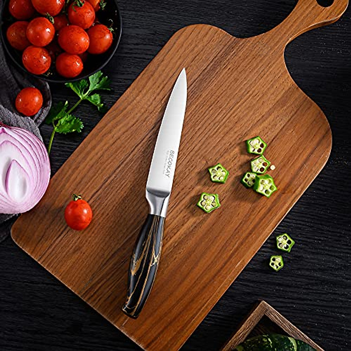 BECOKAY Kitchen Utility Knife - 5 inch Petty Knife with Sheath - Sharp High Carbon German Stainless Steel Cutting Engraving Knife - Suitable for Meat, Fruit Peeling Knife - Ergonomic Handle Design