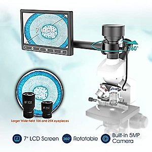 Microscope for Adults with 40X-2500X Magnification,Dual-View Lab Compound Monocular Microscopes with Adjustable Thermostat Mechanical Stage, WF10X/25X Eyepiece, 7'' LCD Screen, Built in 5MP Camera