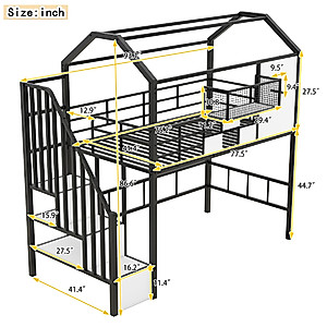 LostCat Twin Size Loft Bed with Stairs, Loft Bed Twin Size with Roof and Window, Metal Loft Bed Frame with Storage Box for Teens and Adults, Easy Assembly, No Box Spring Needed, Black