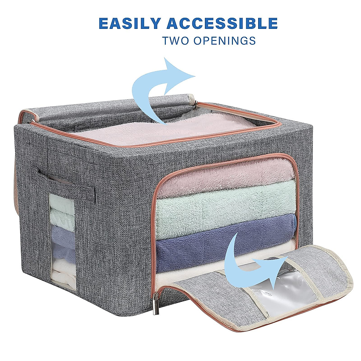 XULAN 34L Large Foldable Clothes Storage Bins, Stackable Container Organizer with Clear Window | Carry Handles for Blankets, Comforter, Closets, Bedrooms and More, Set of 2 (Grey)