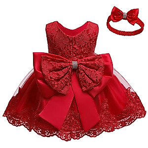 Newborn Baby Girls Formal Dress Infant Birthday Party Lace Frocks Easter Dresses with Headwear (Red 8348,3M)
