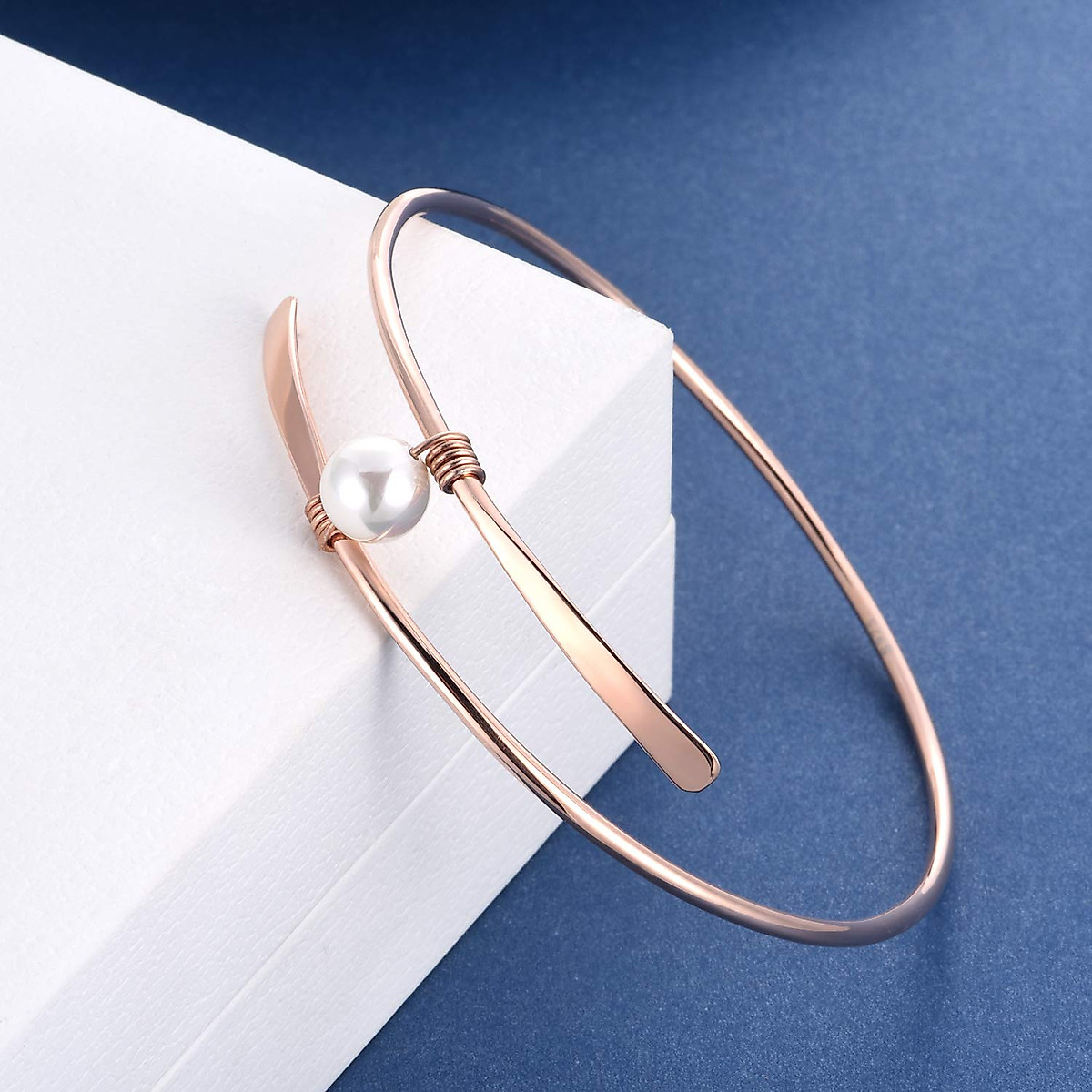 POPLYKE Sterling Silver 18K Rose Gold Single Freshwater Pearl Bangle Bracelets Wedding Bridesmaids for Women Mom (18k rose gold bangle)