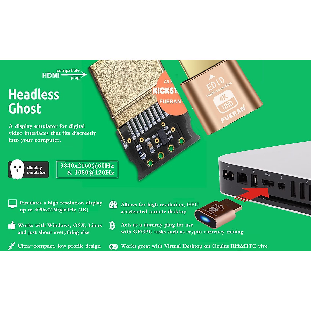 FUERAN 4K HDMI Dummy Plug, Virtual Monitor Emulator, Headless Display Adapter, EDID Emulator, Supports 4096x2160@60Hz, 3840x2160@60Hz, 2560x1440@60Hz for Windows, Mac, Linux – Plug & Play（4K-10P）