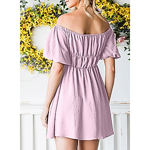 Dokotoo Womens Square Neck Summer Dresses Lantern Sleeve Ruffle A-Line Purple Dresses for Women Elastic Waist Casual Mini Beach Dresses Small