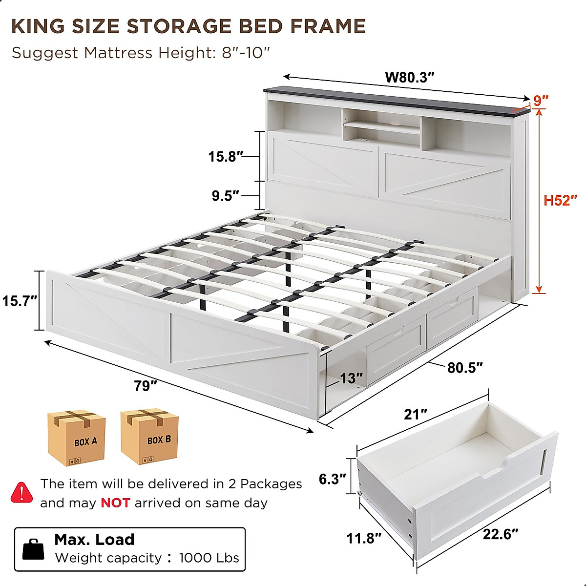ACCOHOHO Farmhouse King Size Wood Bed Frame with 52" Tall Storage Headboard and 4 Drawers,LED Light,Charging Station,Solid Wood Slats Support,Noiseless,No Box Spring Needed,White