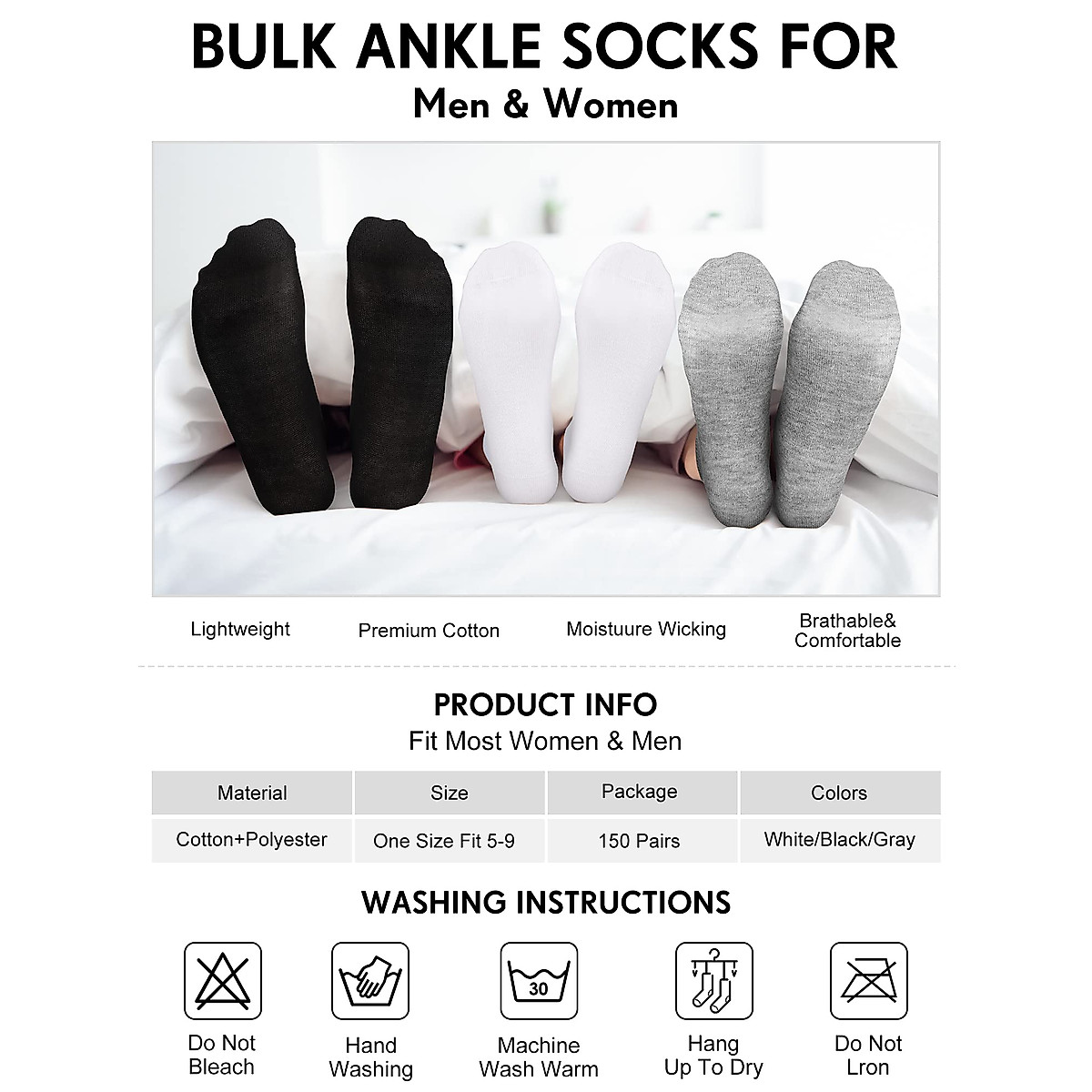 150 Pairs Low Cut Ankle Socks Pack Comfortable Wicking Lightweight Ankle Sock Casual No Show Short Socks for Men Women (White, Black and Gray)