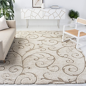 SAFAVIEH Florida Shag Collection Area Rug - 8' x 10', Cream & Beige, Scroll Design, Non-Shedding & Easy Care, 1.2-inch Thick Ideal for High Traffic Areas in Living Room, Bedroom (SG455-1113)