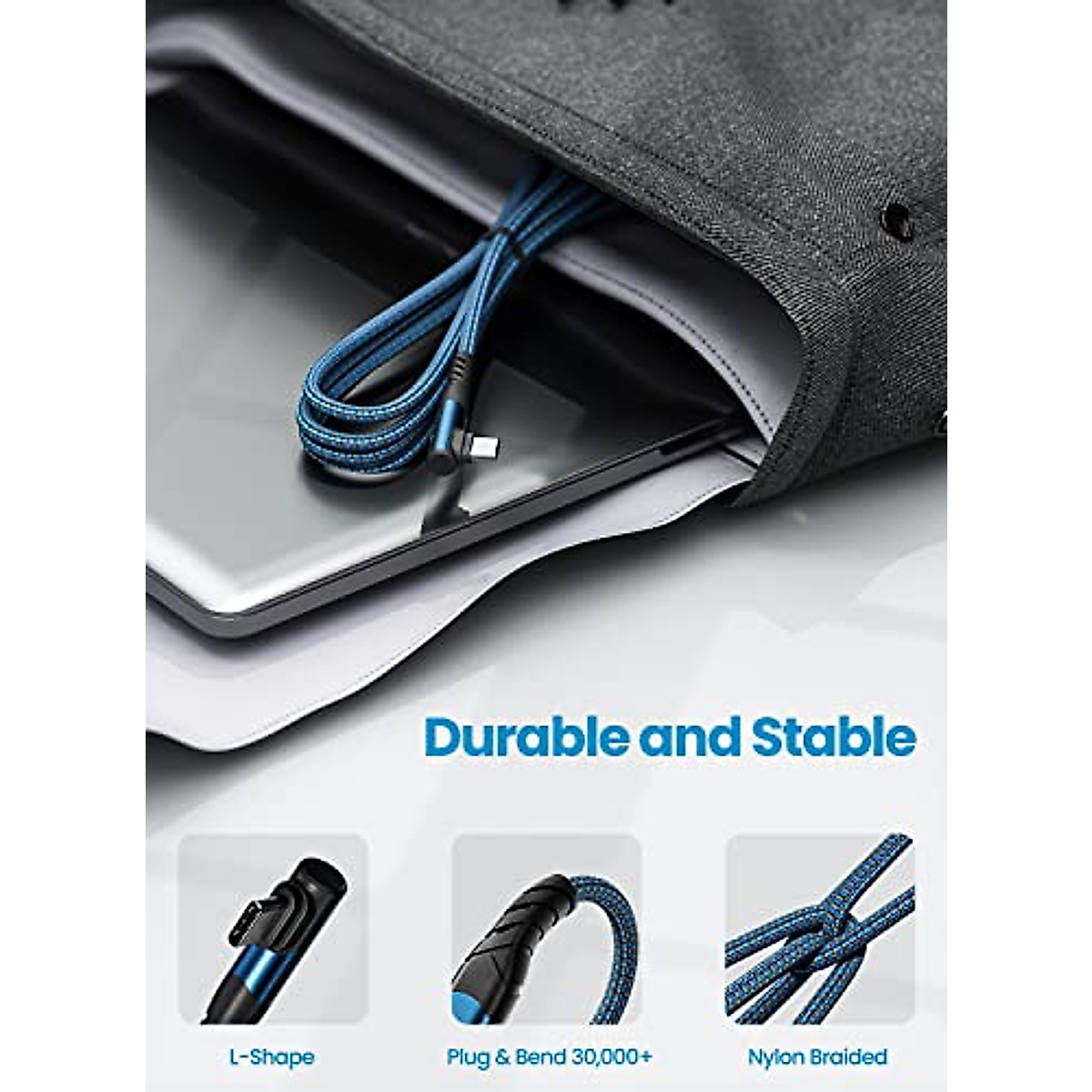 Fasgear Short USB C to USB C Cable - 3 Pack 1ft 60W USB 2.0 Type C Charger Fast Charging Braided Right Angle Compatible for Galaxy S22 S21 Ultra S20 Mac-Book Air i-Pad Mini 6 (Blue)