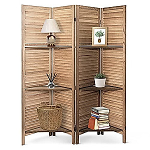 ECOMEX Room Divider 4 Panel, Wood Room Divider Screen,Freestanding Room Dividers and Folding Privacy Screens, Easy Move Partition Room Dividers, Temporary Wall Room Divider with Shelves (Brown)