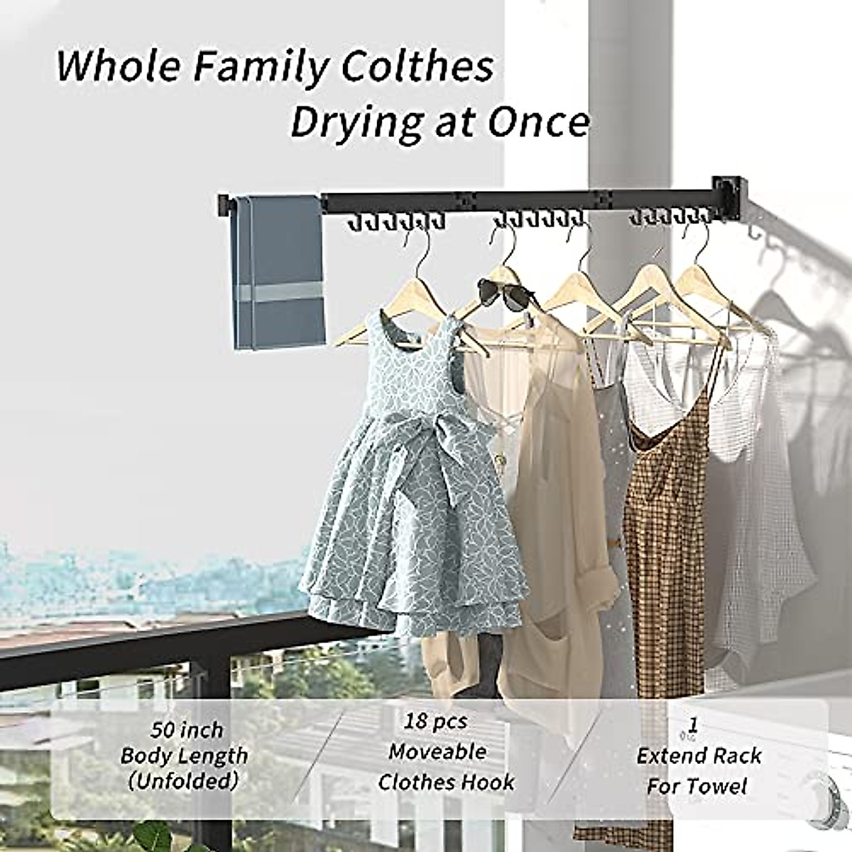 PLKO Retractable Clothes Drying Rack,Wall Mounted Clothes Hangers， Space Saver Laundry Drying Rack for Balcony,Laundry,Bathroom,Patio and Bedroom (3-Pole Black)