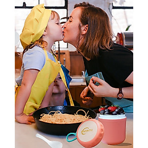 AGRATU Stainless Steel Vacuum Insulated Kids Food Jar Kids Thermos for Hot Food with Spoon 13.5oz (Pink)