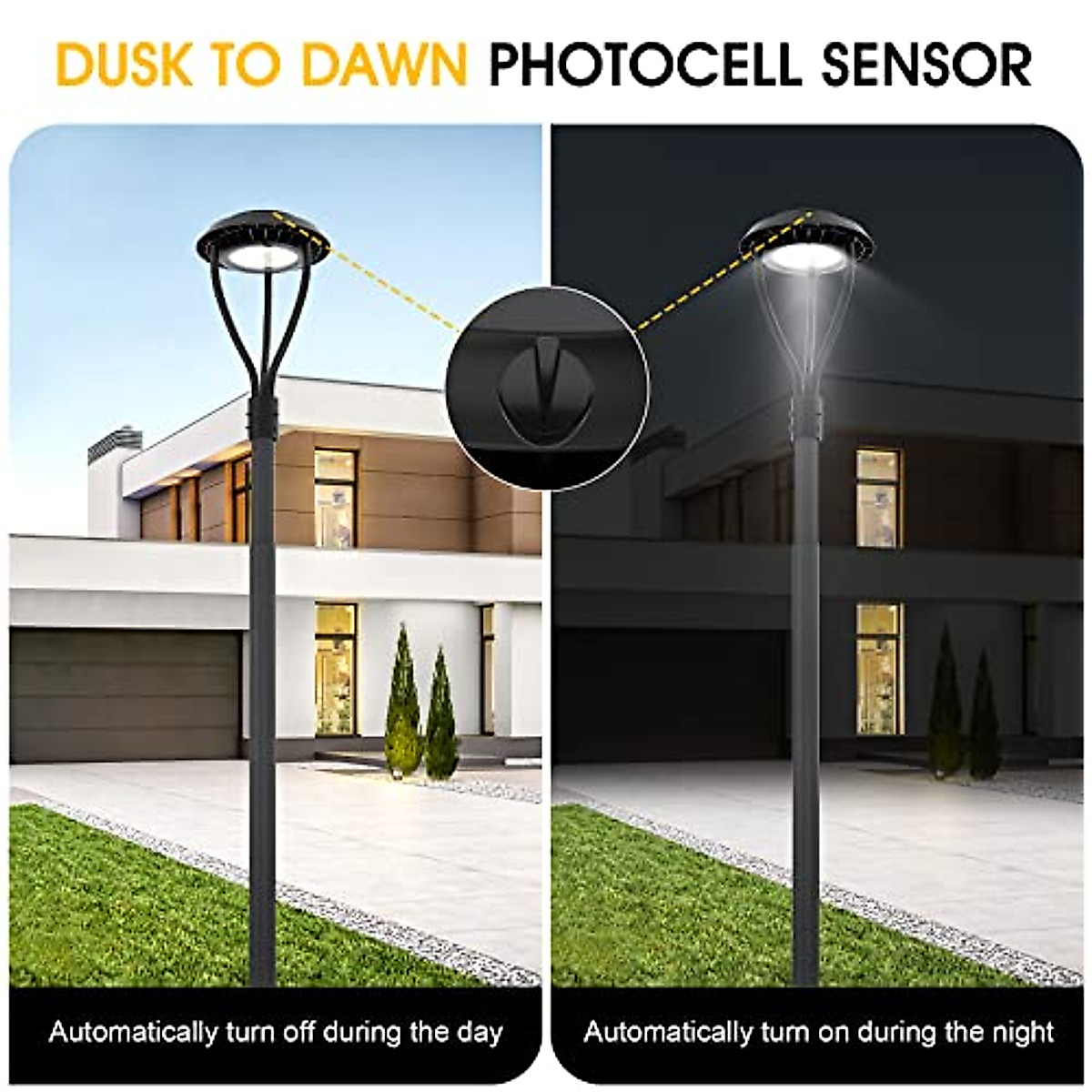 KINSNG Led Post Top Light with Dusk to Dawn Photocell, LED Circular Area Light 60W 8,400Lm 5000K Daylight[Equivalant to 250W] Outdoor Post Pole Light IP65 for School Yard Garden DLC ETL Listed