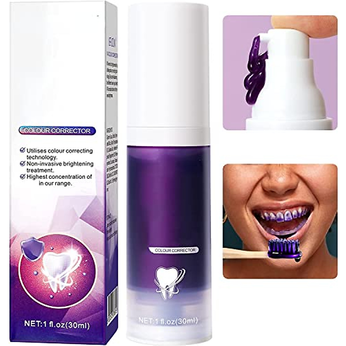 Whitening Toothpaste,Purple Corrector Toothpaste for Teeth Whitening,Non-invasive Brightening Tooth Treatment, Purple Water-Soluble Dye to Correct Yellow Teeth