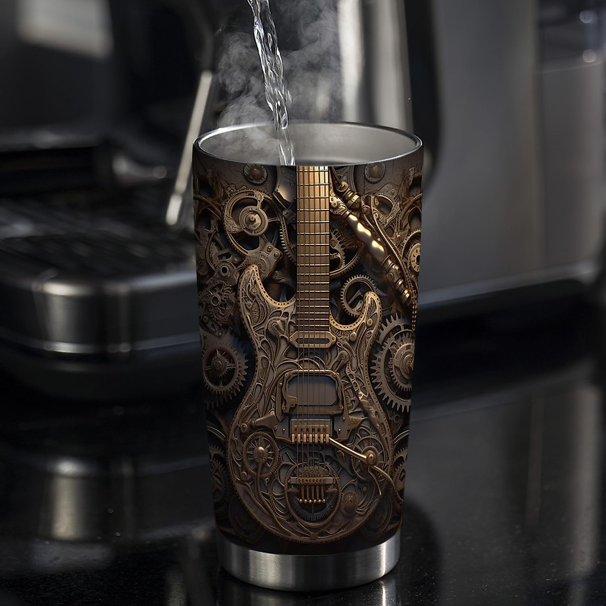 20oz Steampunk Mechanical Metal Rock Electric Guitar Tumbler, Guitarist, Musician Gifts, Coffee Thermos for Men, Stainless Steel Double Wall Vacuum Insulated Coffee Mug, Travel Cup with Lid