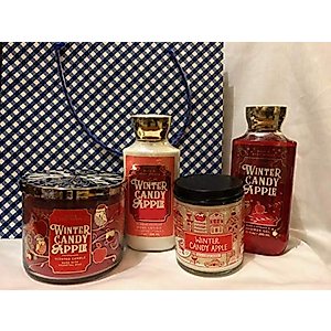 Bath and Body Work Winter Candy Apple Candle Gift Set, 3 Wick and Single Wick Candles, Full Size Body lotion, Shower Gel with Gingham Gift Bag and Tissue