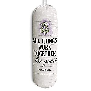 Religious Kitchen Plastic Bag Holder for Garbage Shopping Trash Bags, Bible Prayer Wall Mount Grocery Bag Storage Dispenser Organizer, All Things Work Together for Good, Christian Gift for Women