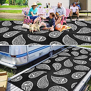 ONME Outdoor Rug RV Mat Recycled 9x12FT Reversible Mats with 8 Corner Loops for Outdoors, Patio, Backyard, Deck, Picnic, Beach, 8 Stakes and Carry Bag Included (Black and White Paisley)