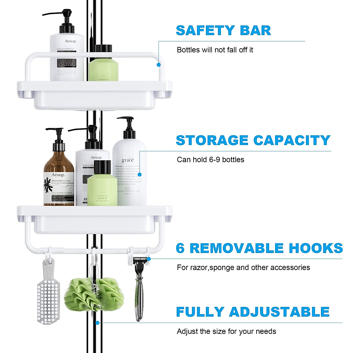 FRDECON Rustproof Shower Caddy Corner for Bathroom, 4-Tier Tension Pole Stainless Steel Shower Organizer, 56 to 115 Inch Adjustable Bathtub Shower Shelf Storage with 1 Tower Bar, White