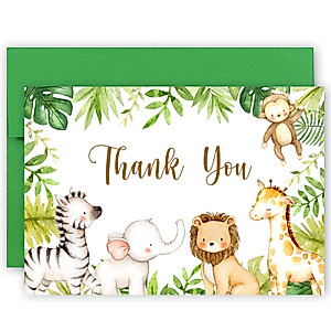 Jungle Safari Thank You Cards With Envelopes, 50 Jungle Animals Baby Shower Thank You Notes, 4 x 6 Thank You Cards Safari Baby Shower & Wild One Birthday Party