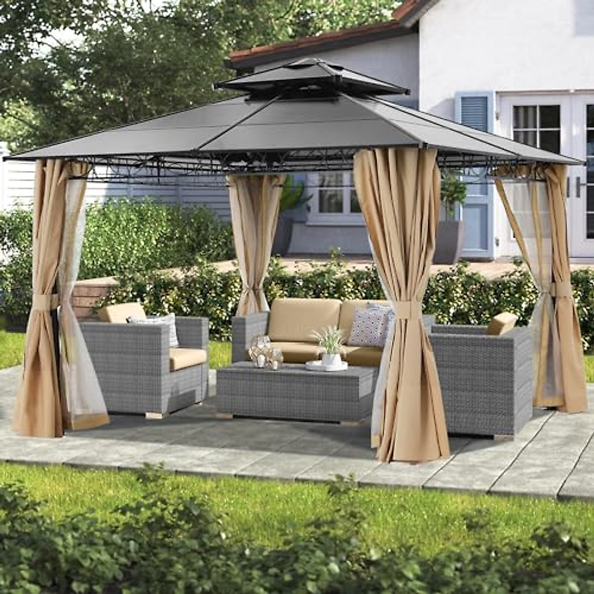 10x10 Double Roof Hardtop Patio Gazebo with Curtains and Netting by ABCCANOPY