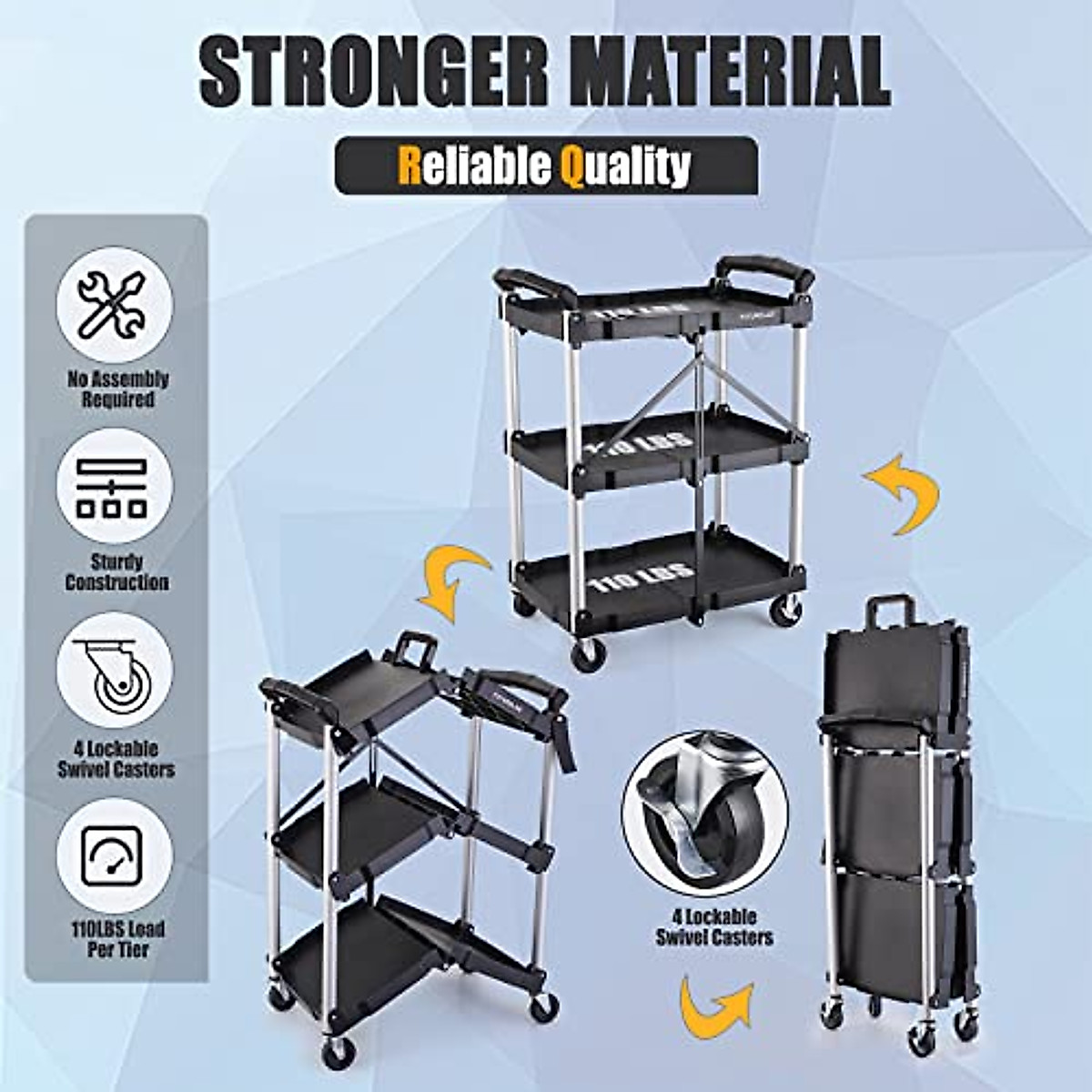 FUTURELAB Portable Folding Service Cart - 3 Tier 330LBS Capacity - Rolling Cart Utility Cart Foldable Cart with Wheels for Warehouse Home Workshops Garages Restaurants Offices