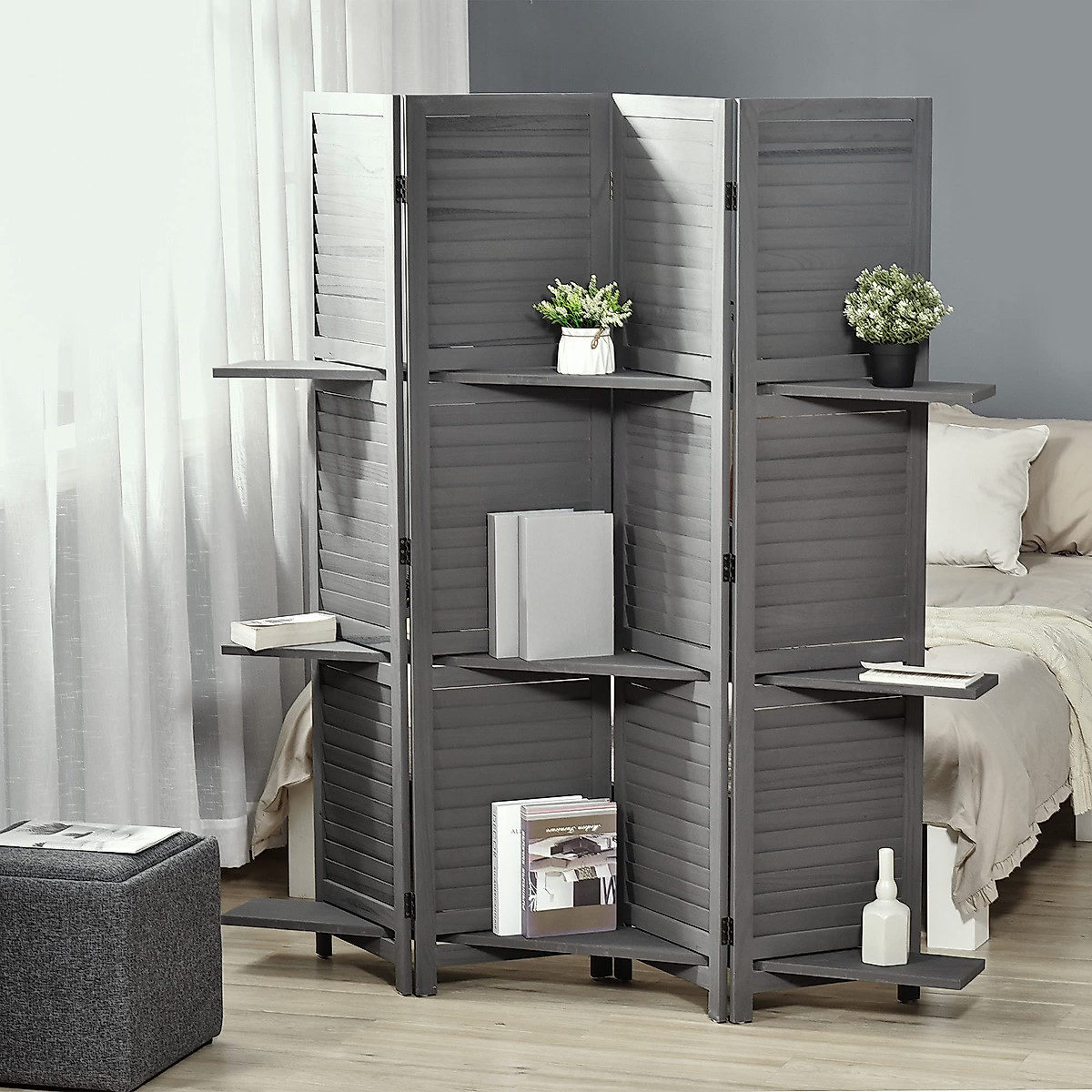 HOMCOM 4 Panel 67" Tall Wood Privacy Screen Room Divider with 3 Display Shelves, and Folding Storage for Bedroom or Home Office, Grey