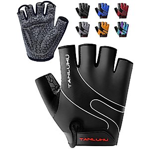 Tanluhu Cycling Gloves Mountain Bike Gloves Half Finger Road Racing Riding Gloves Breathable Shock-Absorbing Biking Gloves for Men and Women (Black, L)
