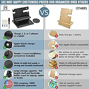 Black Solid Wood Phone Docking Station for up to 3 Phones - Nightstand Organizer for Men & Women Holds Multiple Phones, Tablets, Apple Watch & More - Neatly Stores Keys, Rings, Glasses & EDC