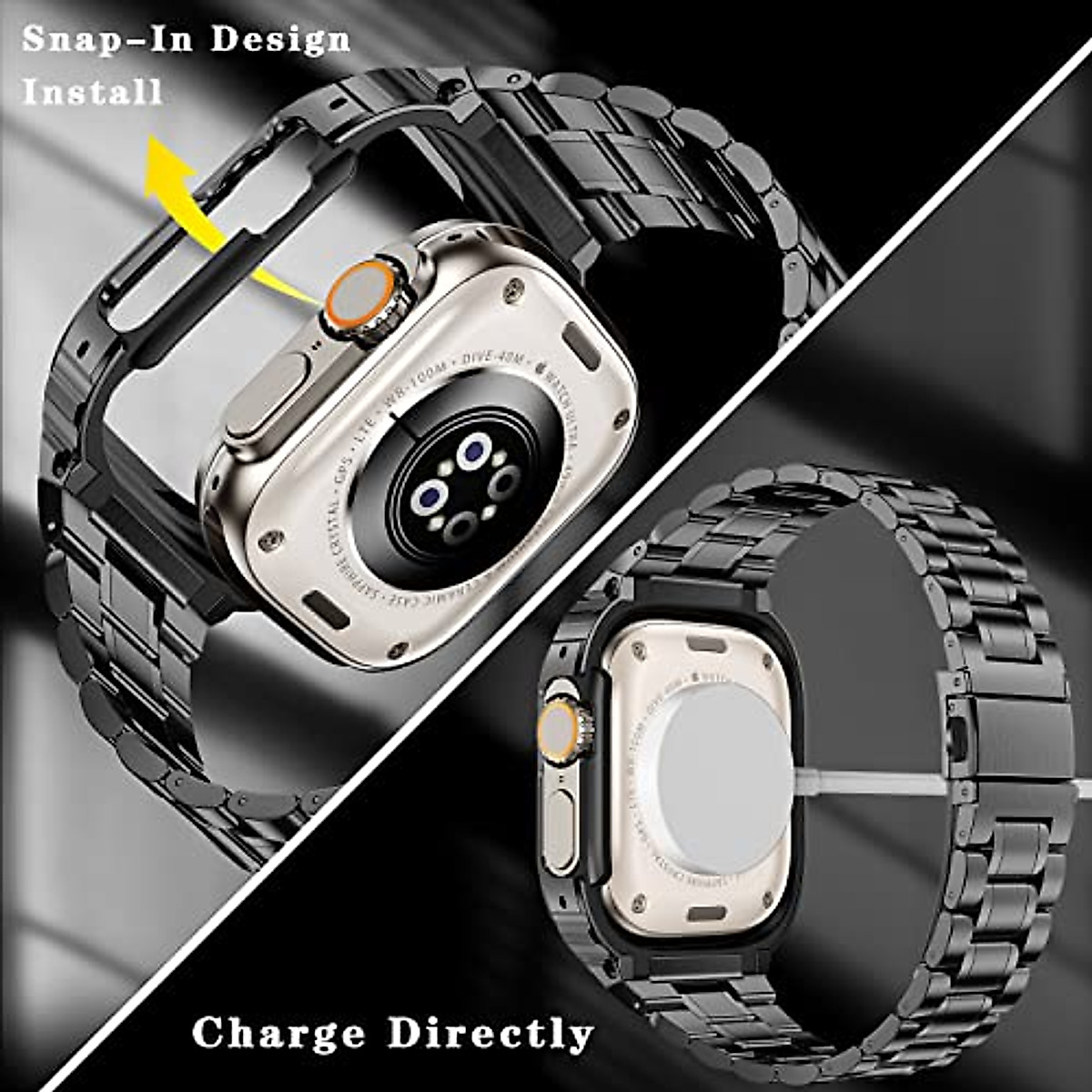 MioHHR Stainless Steel Watch Band with Case Compatible with Apple Watch Ultra 2 1(49mm),Rugged Strap with Metal Protective Bumper Cover for iWatch Band Men(Black)