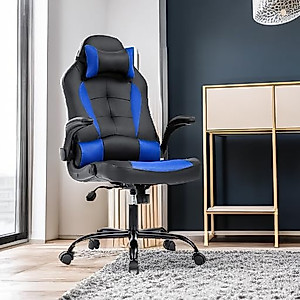 Gaming Chair Office Chair Desk Chair with Lumbar Support Flip Up Arms Headrest PU Leather Swivel Rolling Adjustable High Back Racing Computer Chair for Women Men Adults,Blue