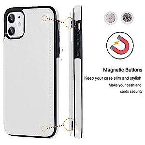 JOYAKI iPhone 11 Wallet Case with Card Holder,Premium PU Leather Kickstand Card Slots Case with a Free Screan Protector,Double Magnetic Clasp and Durable Shockproof Cover for iPhone11(6.1")-White