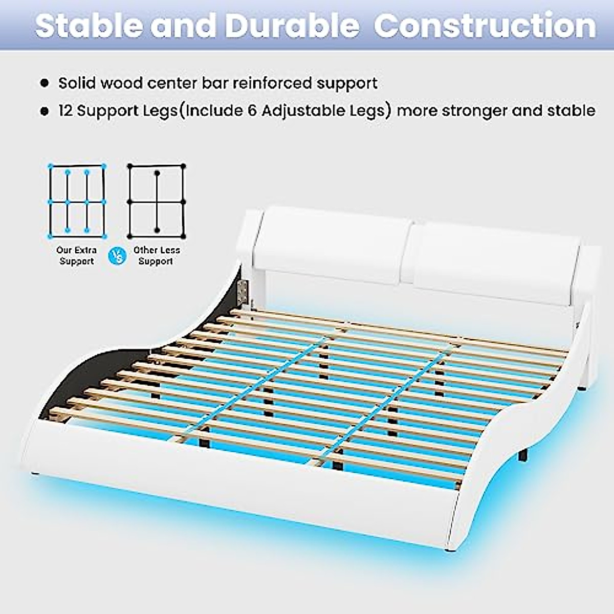 DICTAC King Size Bed Frame with LED Lights Modern King Led Bed Frame with Upholstered Headboard Faux Leather Low Profile Platform Bed Frame Wave Like Curve Bed Frame,No Box Spring Needed,White