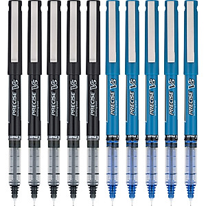 PILOT Precise V5 Stick Liquid Ink rollerball pens, Extra Fine Point, 0.5mm Bulk 10-pack of 5 Black Pens and 5 Blue Ink Color Pens, (15592)