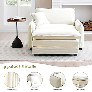 Oversize Corduroy Chaise Lounge Single Sofa, Deep Seat Reclining Sleeper Chair with Footstool Ottoman for Living Room (Beige, 1*Seat + 1*Ottoman)
