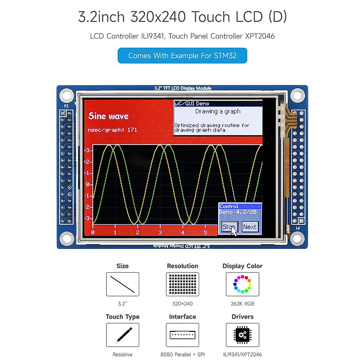 waveshare 3.2 Inch 320x240 Multicolor Graphic LCD, with Touch Panel and Stand-Alone Controllers