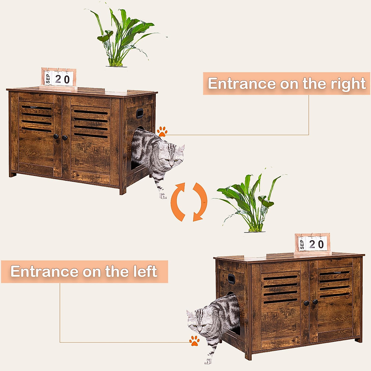 DINZI LVJ Litter Box Enclosure, Cat Litter House with Louvered Doors, Entrance Can Be on Left or Right Side, Spacious Hidden Washroom for Most of Litter Box, Cat Furniture Cabinet, Rustic Brown