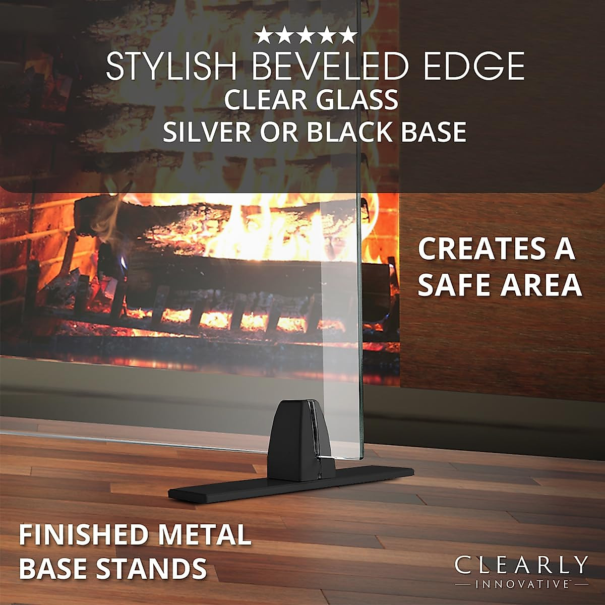 Premium Tempered Glass Fireplace Screen with Exclusive Beveled Edge | 29" H x 39" W Glass (30” H Installed) | Clear Glass, Metal Black Base | The Ultimate in Home Elegance by Clearly Innovative