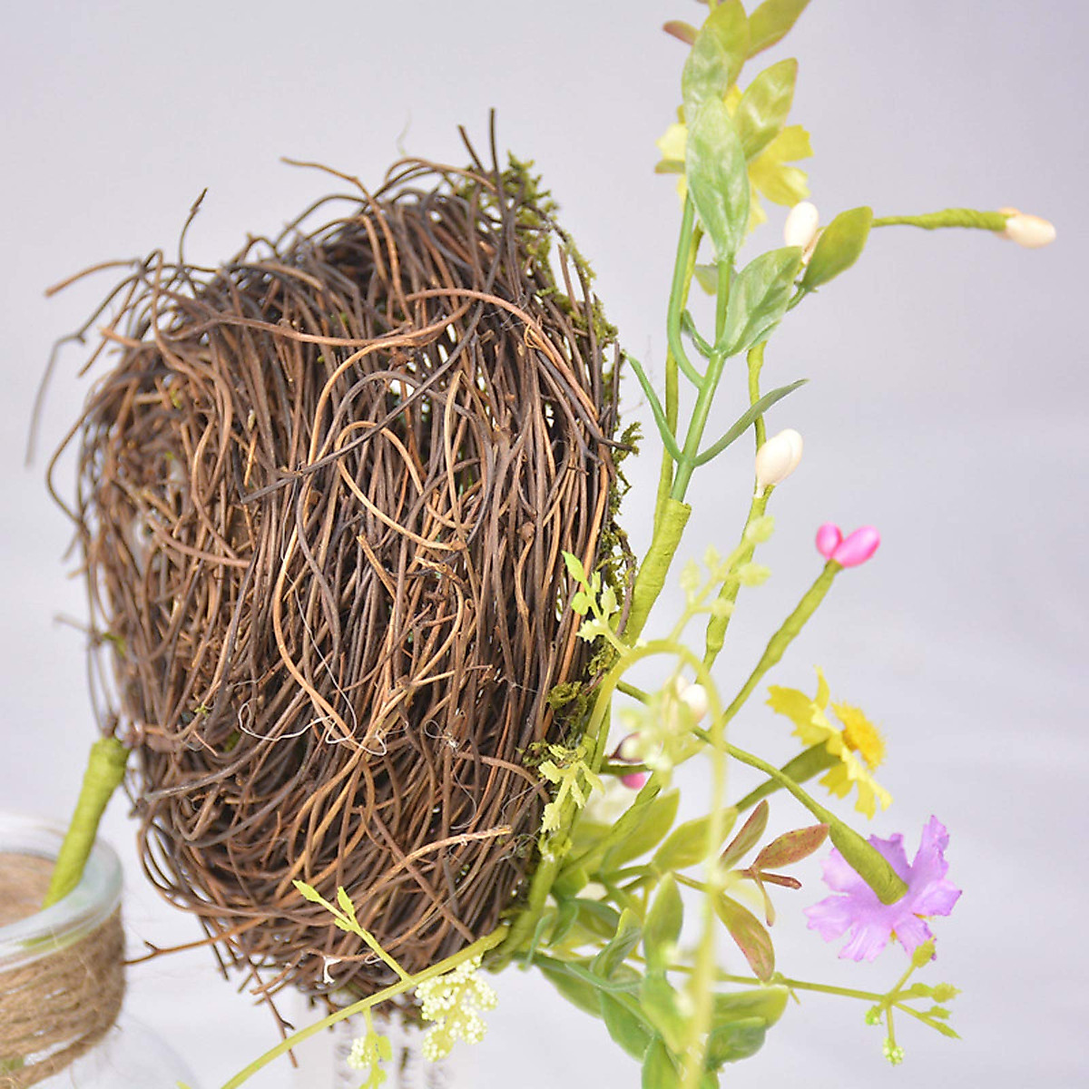 Develoo Easter Bird Nest Tabletop Ornament,Rattan Weaving Simulation Birds Nest with Speckled Eggs and Flowers for Spring Garden Decor Photo Props