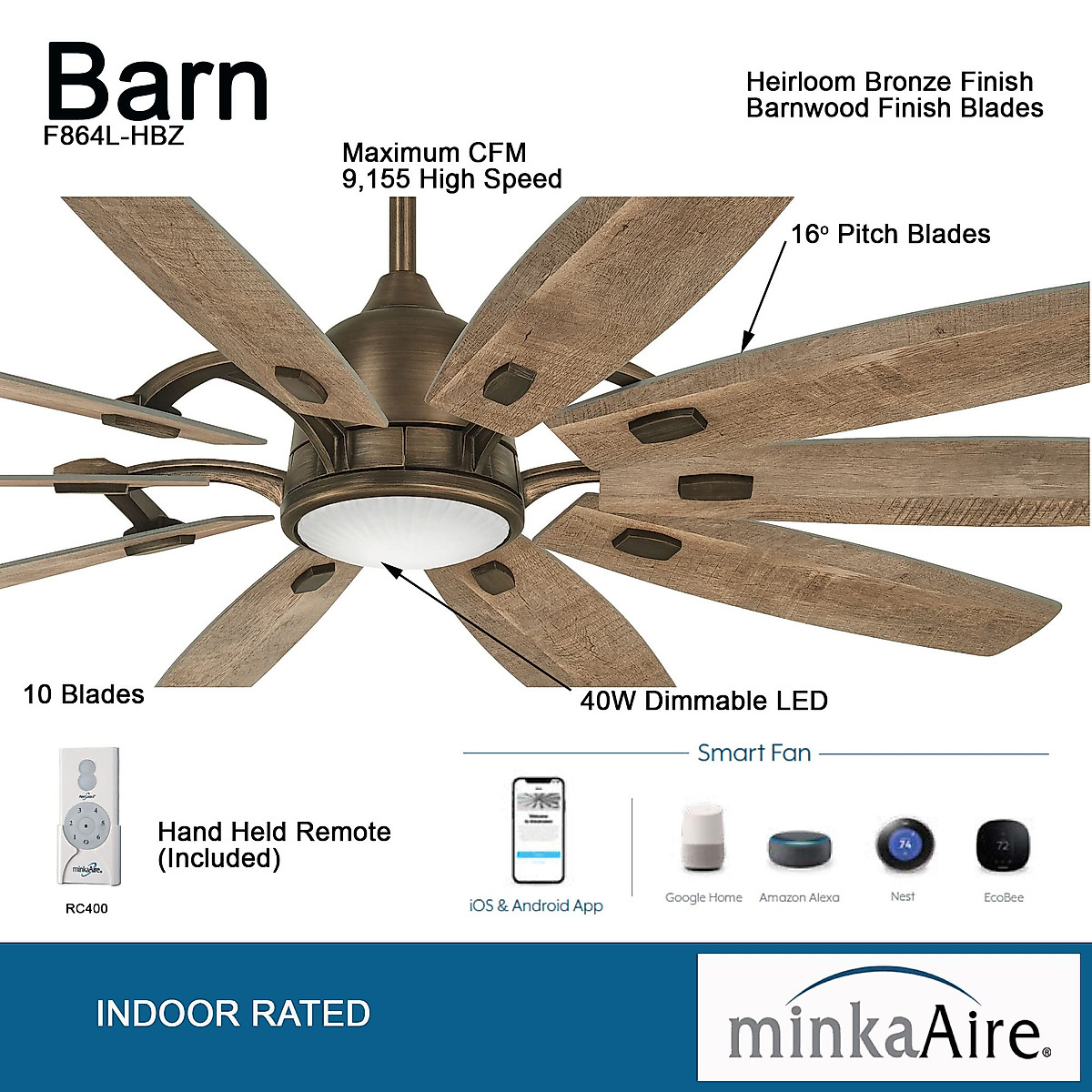 MINKA-AIRE F864L-HBZ Barn 65 Ceiling Fan with LED Light and DC Motor, Brown Heirloom Bronze Finish